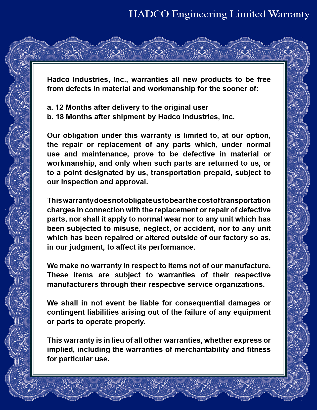 WARRANTY – Hadco Engineering